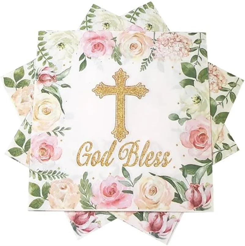 40Pcs Floral God Bless Napkins Baptism Cross Paper Napkins Religious ...