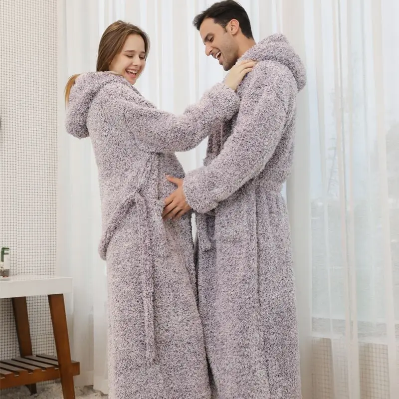 Winter Luxury Double Layer Flannel Men Robe Hooded Nightgown Thick ...