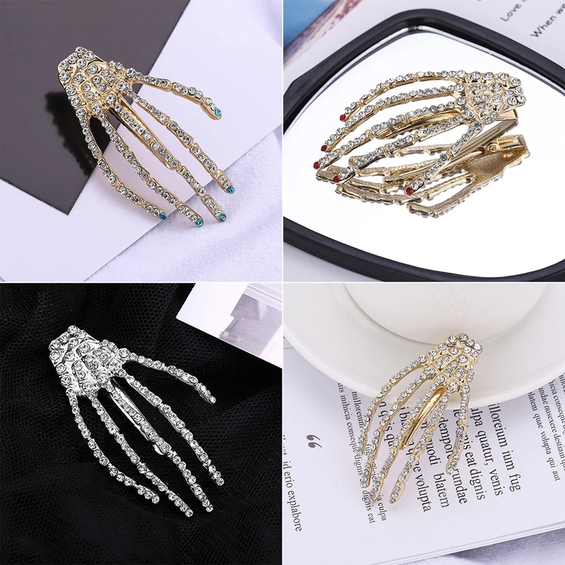 New-Full-Crystal-Hair-Clips-Punk-Skull-Hand-Hair-Clips-For-Women ...
