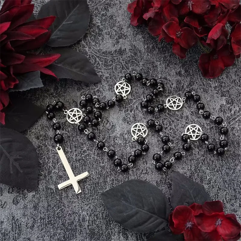 Black-Stainless-Steel-rosary-Inverted-Cross-Pentagram-Necklace-Occult ...