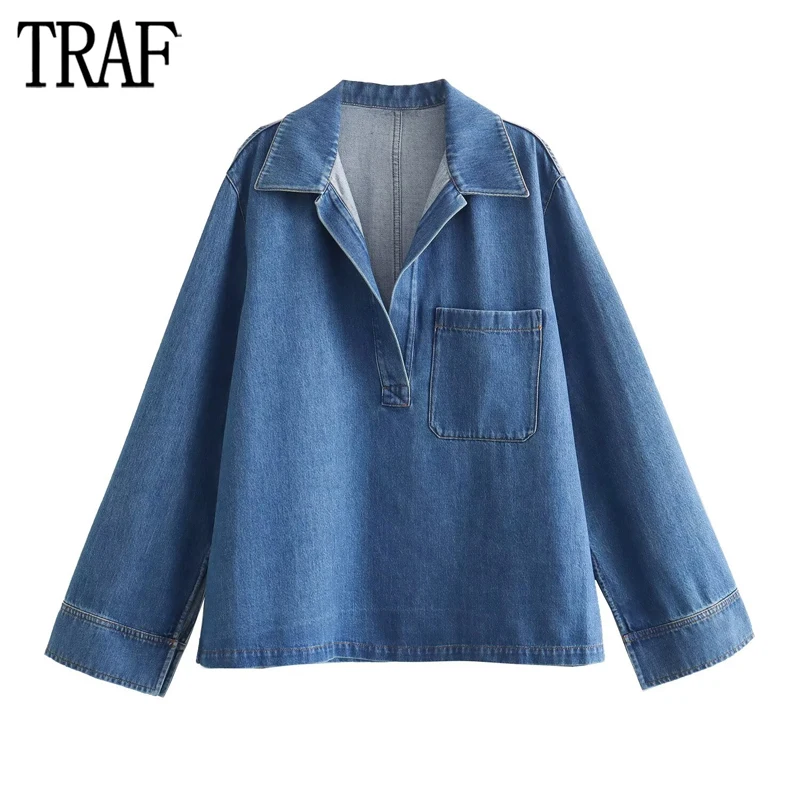 TRAF-Blue-Denim-Blouse-Female-Casual-Oversized-Shirts-and-Blouses-for ...