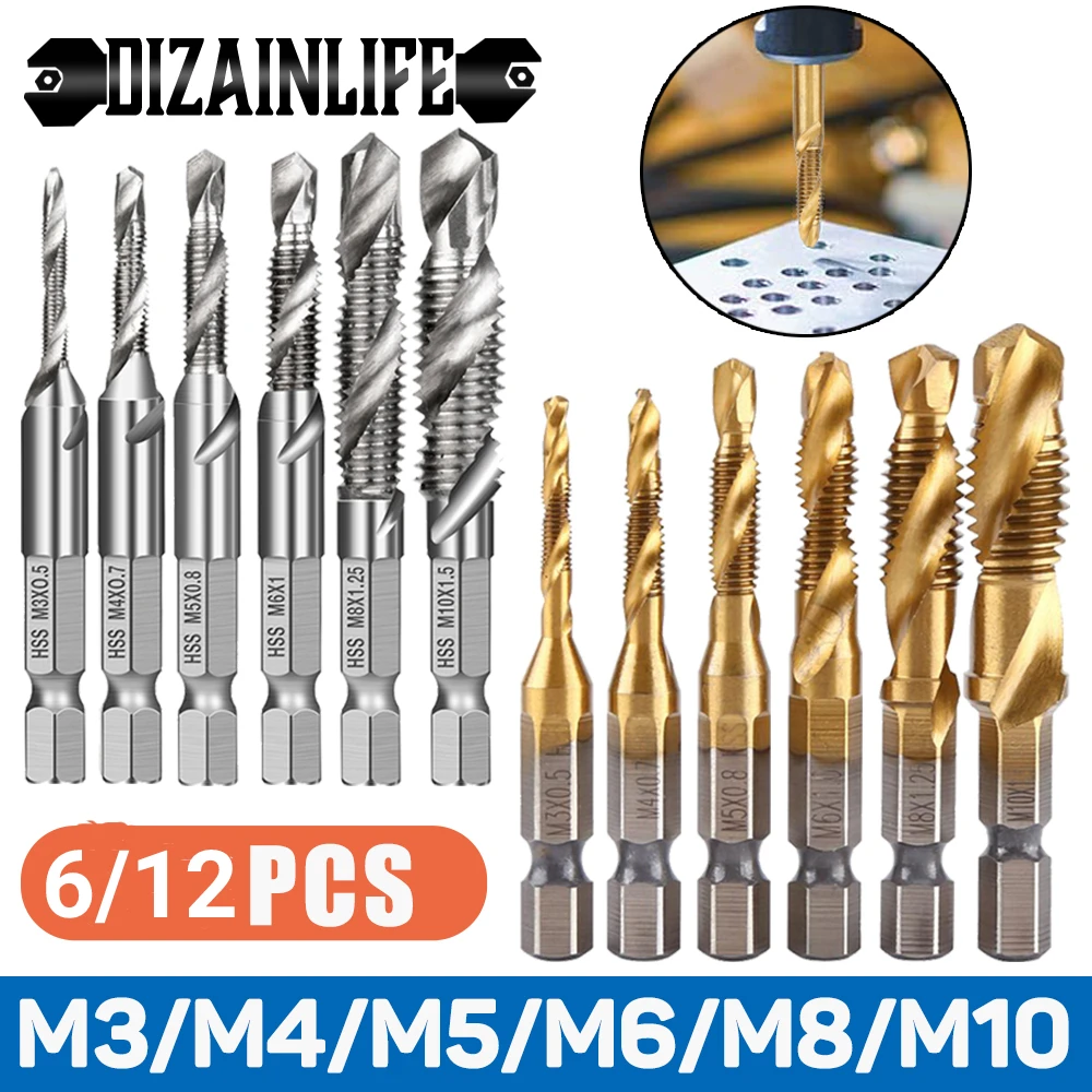 6/12PCS M3 M4 M5 M6 M8 M10 rosca Metric Tap Drill Bits Set HSS Hex ...