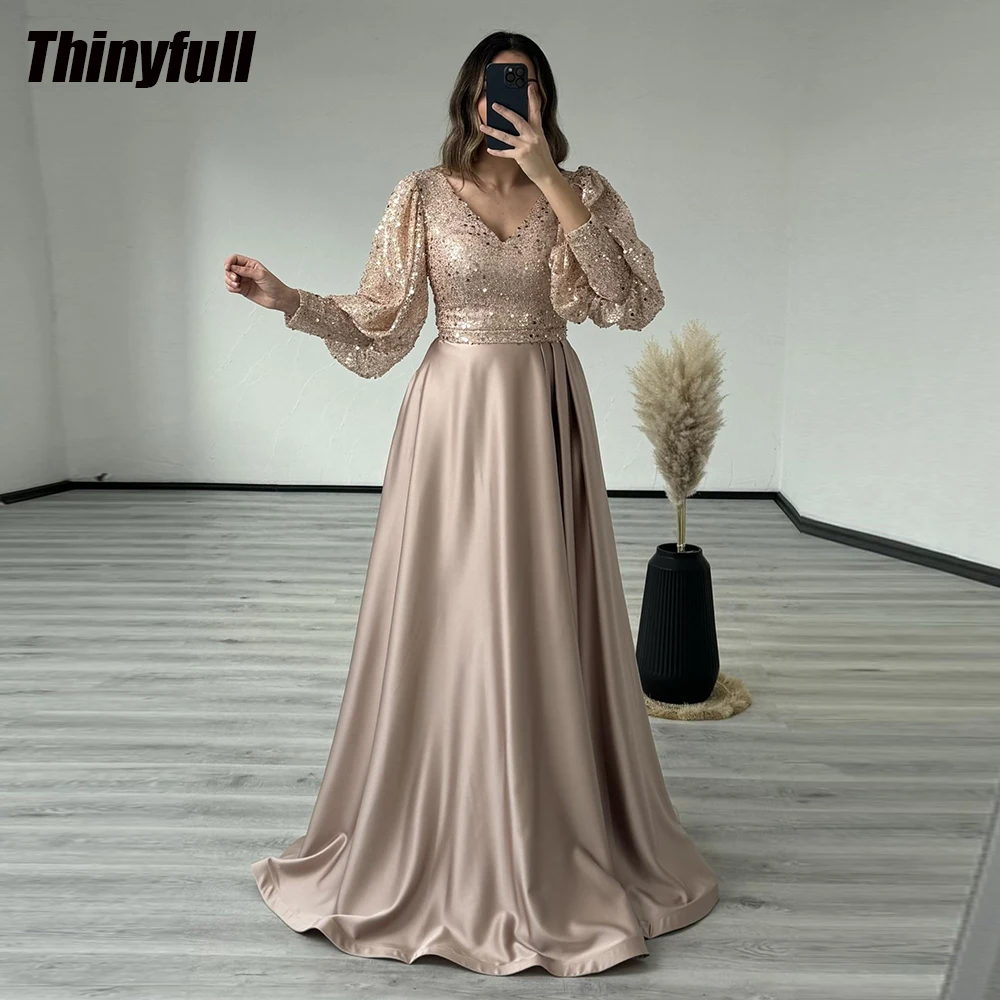 Thinyfull-A-line-Shiny-Prom-Dresses-V-neck-Puffy-Sleeves-Satin-Sequined ...