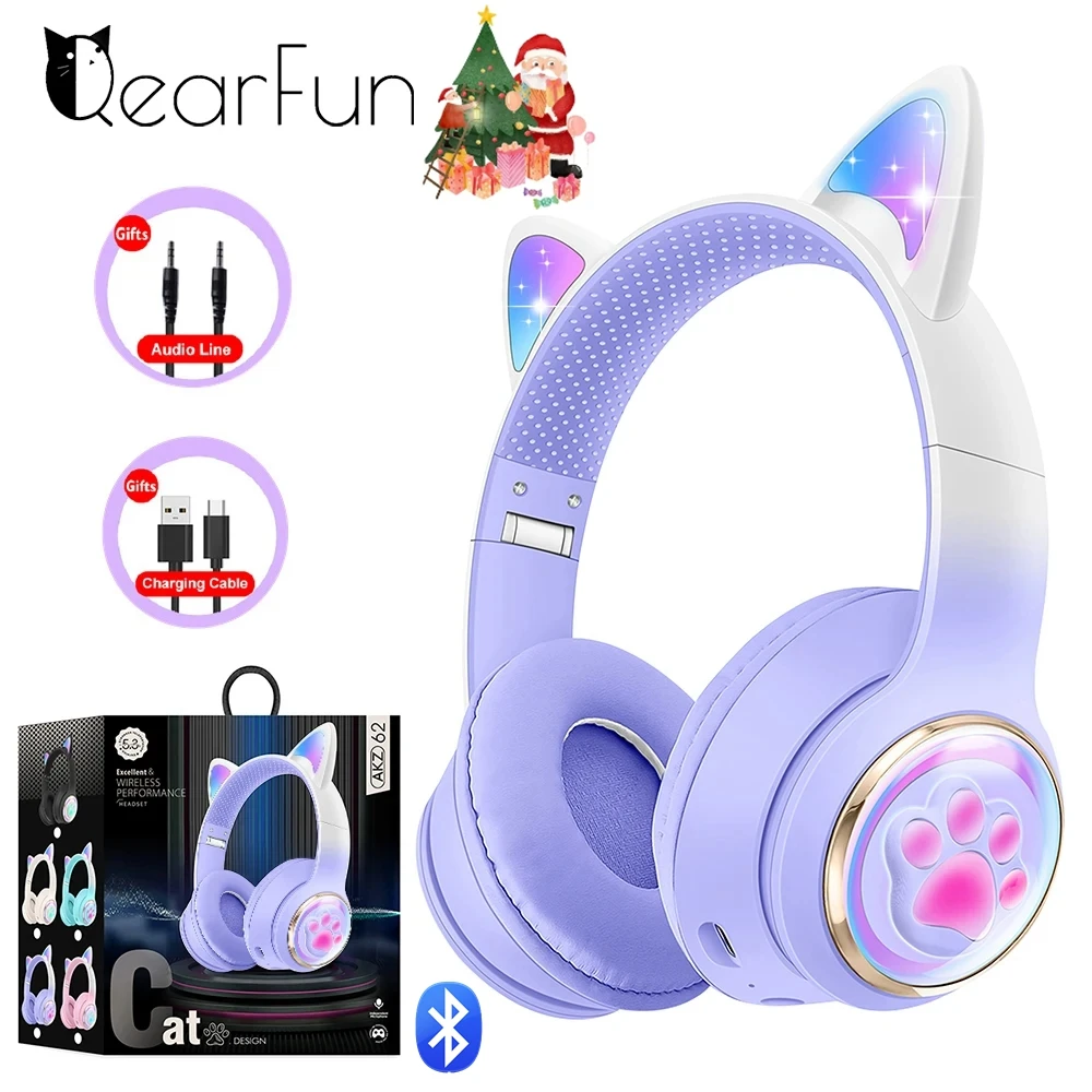 RGB-Cute-Cat-Wireless-Headphones-for-Girls-Glowing-Cat-Claw-Stereo-Bluetooth-Headset-Foldable ...