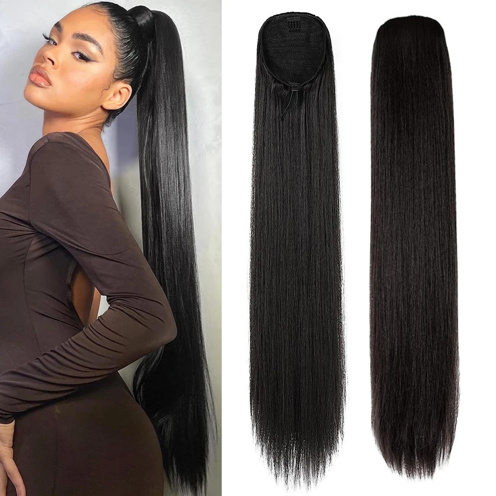 36-inches-Black-Natural-long-straight-Drawstring-Ponytail-Women-s-Easy ...