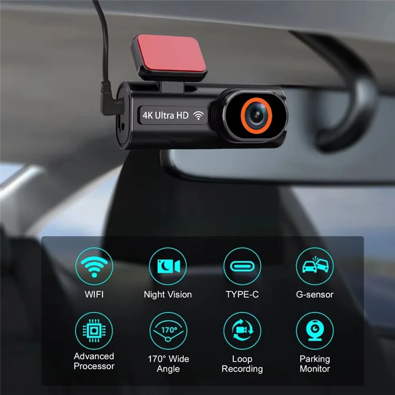 AB56-4K WIFI Mini Dash Cam CAR DVR, Black Box Security Camera Dual Lens ...