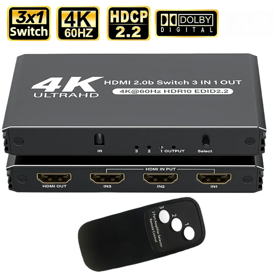 4K@60Hz 3 Port HDMI Switch Adapter RGB YUV HDR HDMI 2.0 Switcher 3X1 ...