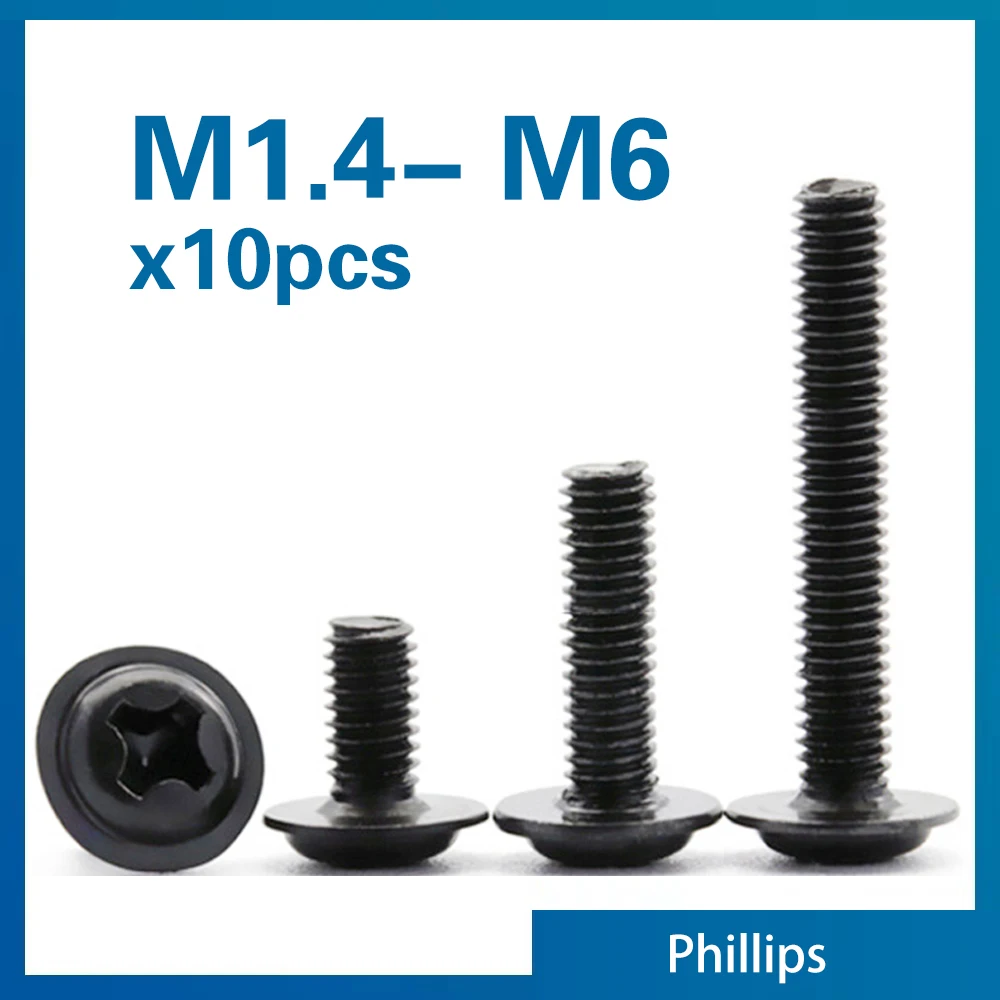 10pcs/lot M1.4 M2 M2.5 M3 M 3.5 M4 M5 M6 PWM Black Pan Head Screws with Washer Fixed Motherboard ...
