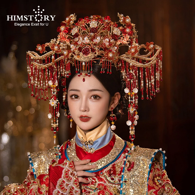 HIMSTORY Luxurious Queen Ming Dynasty Hair Crown Retro Red Chinese ...