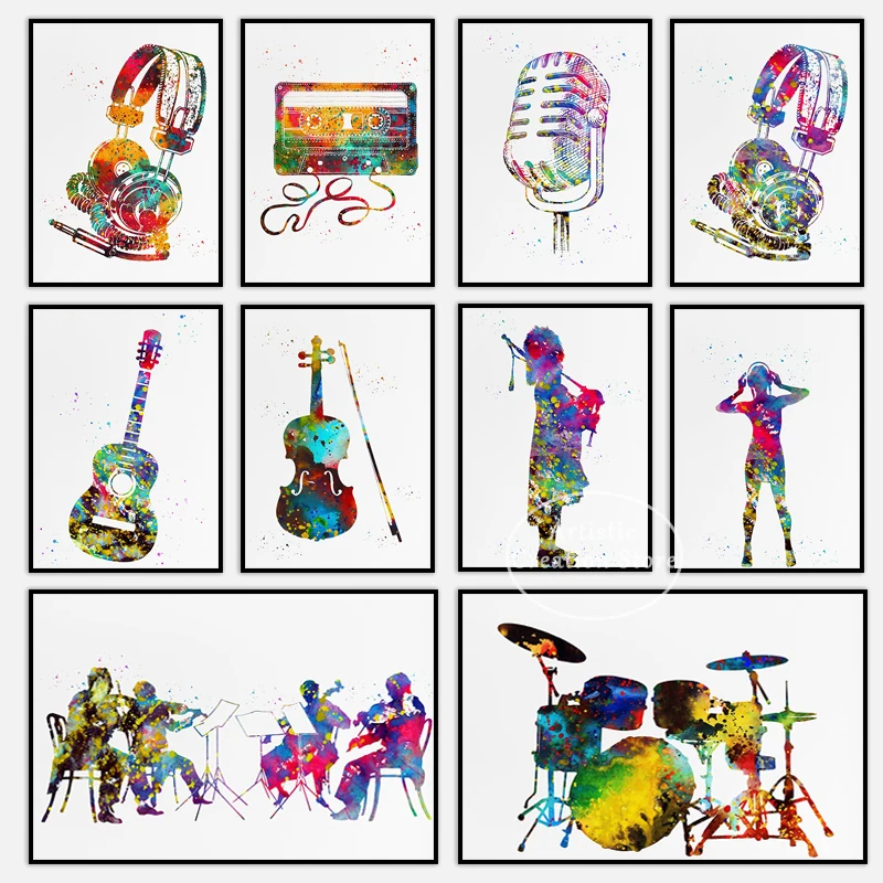 Watercolor-Drum-Set-Musical-Instrument-Poster-Bagpipe-Celtic-Abstract ...