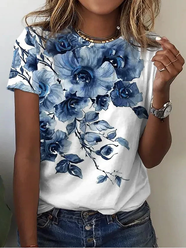 TSnow-Camiseta-informal-Harajuku-para-mujer-blusa-holgada-con-estampado-de-rosas-y-loto-cuello ...