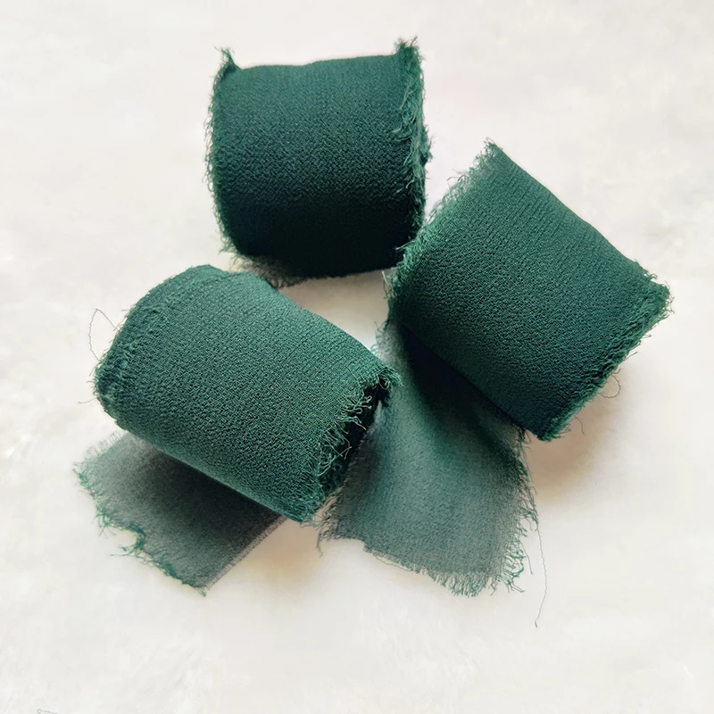 3-Rolls-Dark-Green-Fringe-Chiffon-Silk-Ribbon-Handmade-Frayed-Edges-for ...