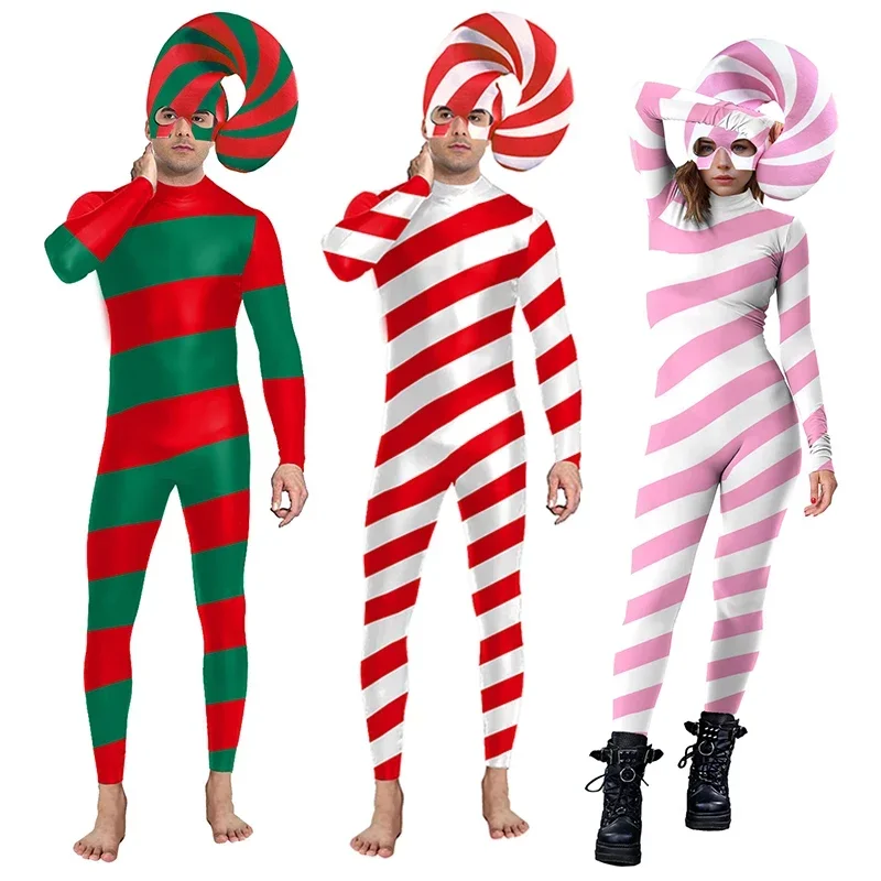 Christmas Candy Cane Bodysuit Women Men Red Stripe Cosplay Costume ...