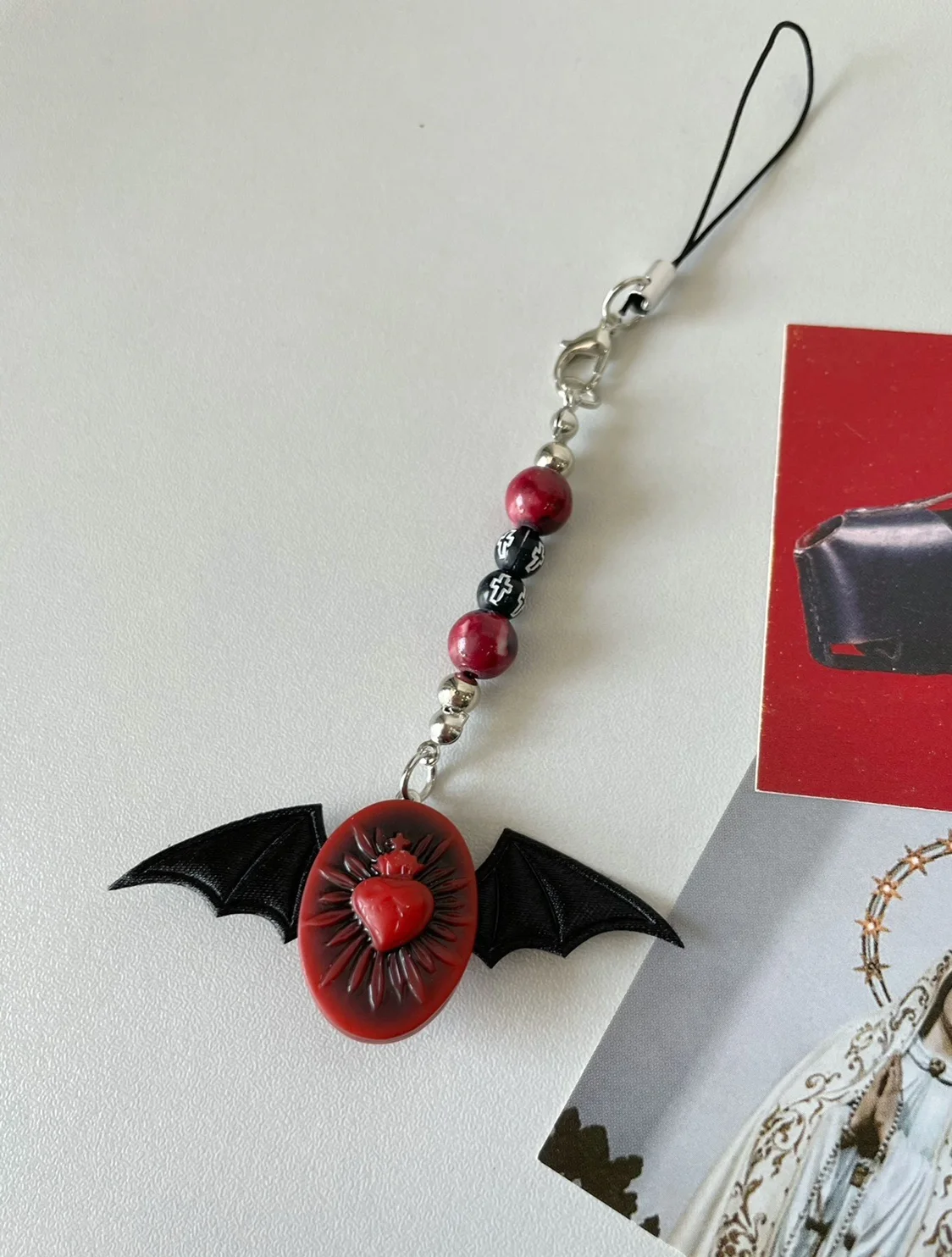 Mobile Phone Chain Dark Gothic Cross Love Bat Demon Wings Beaded Women ...
