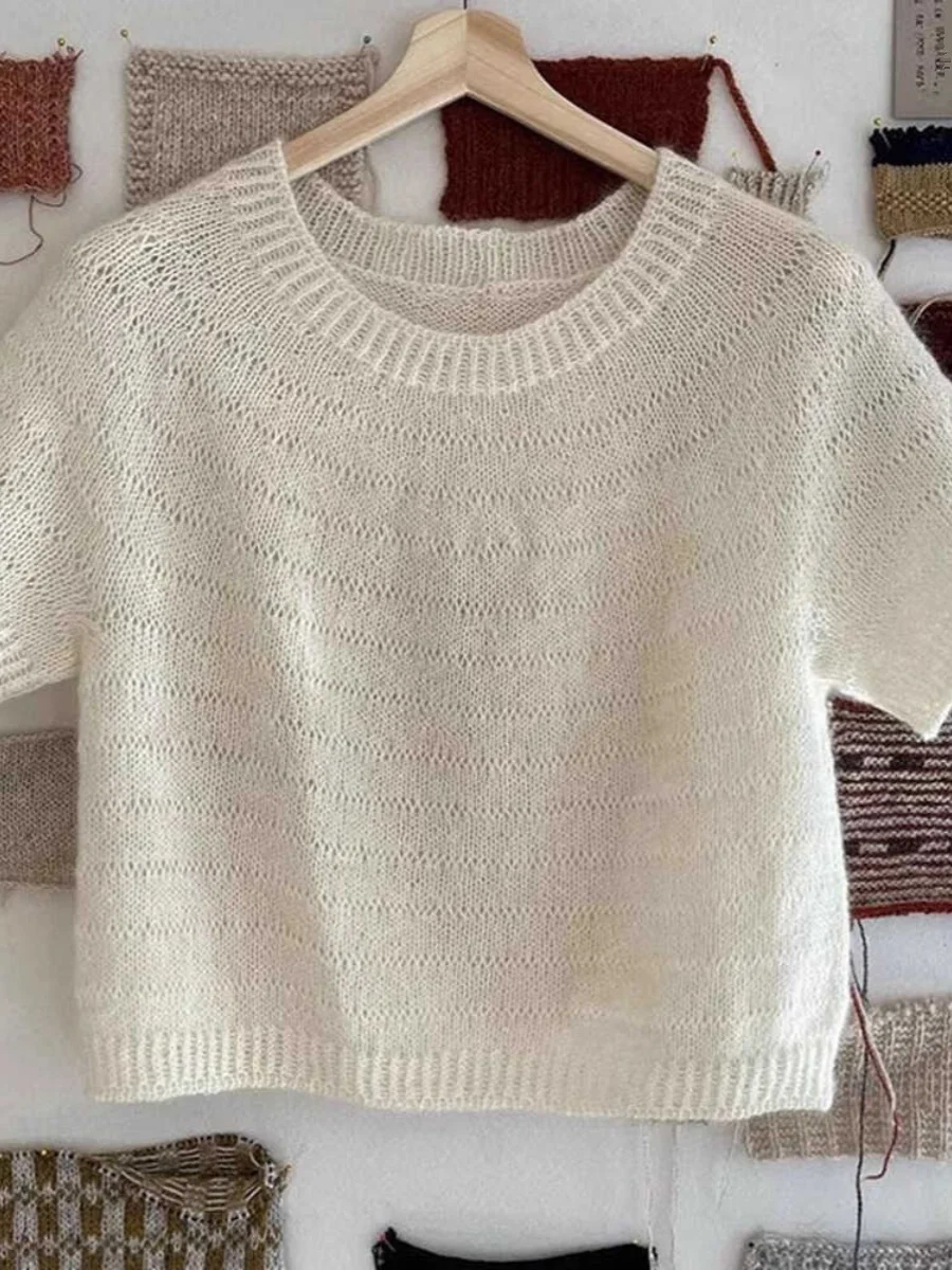 Ice Silk White ort Sve Knitted Top oulder Length Women's Summer Loose ...