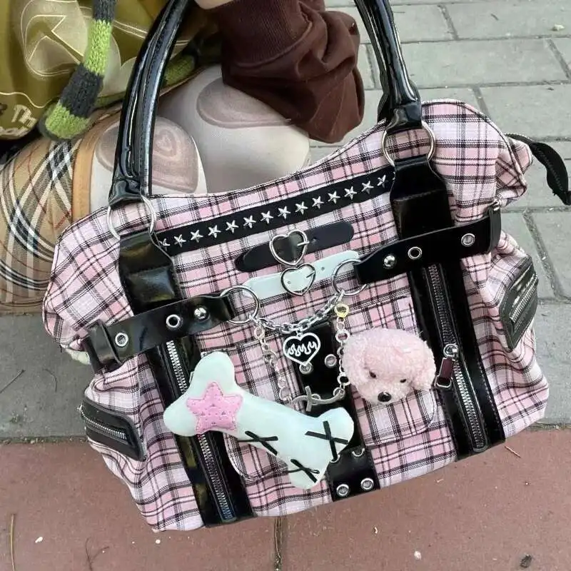 Y2k Women Pink Plaid Shoulder Bag Cute Harajuku Girl Large Capacity ...