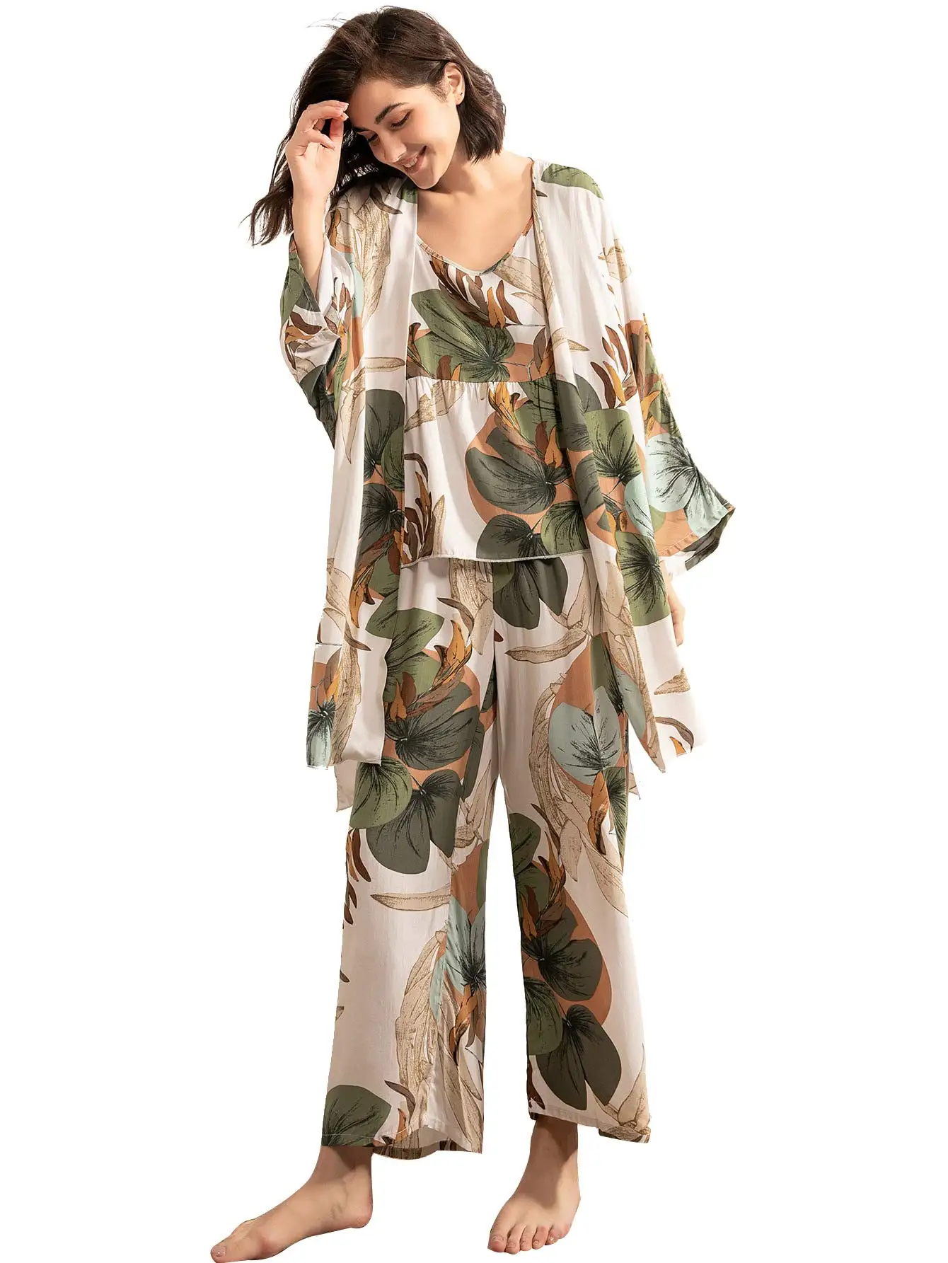 Women-s-3-pcs-Sleepwear-Leaf-Print-Cami-and-Pants-Pajama-Set-with-Robe ...