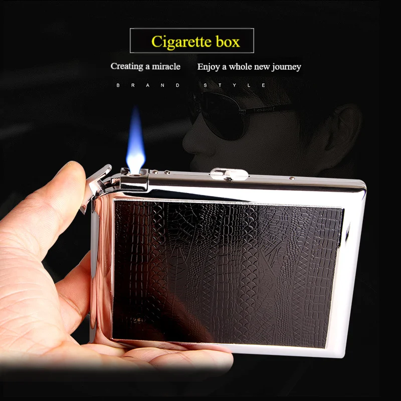 (20 cigarettes) Black Leather Metal Cigarette Case Box With Inflatable ...
