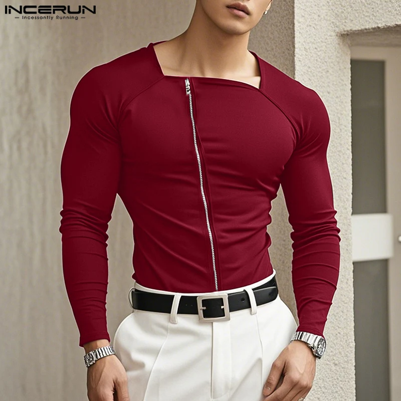 INCERUN Fashion New Men's Tops Square Neck Knitted Zipper T-shirt ...