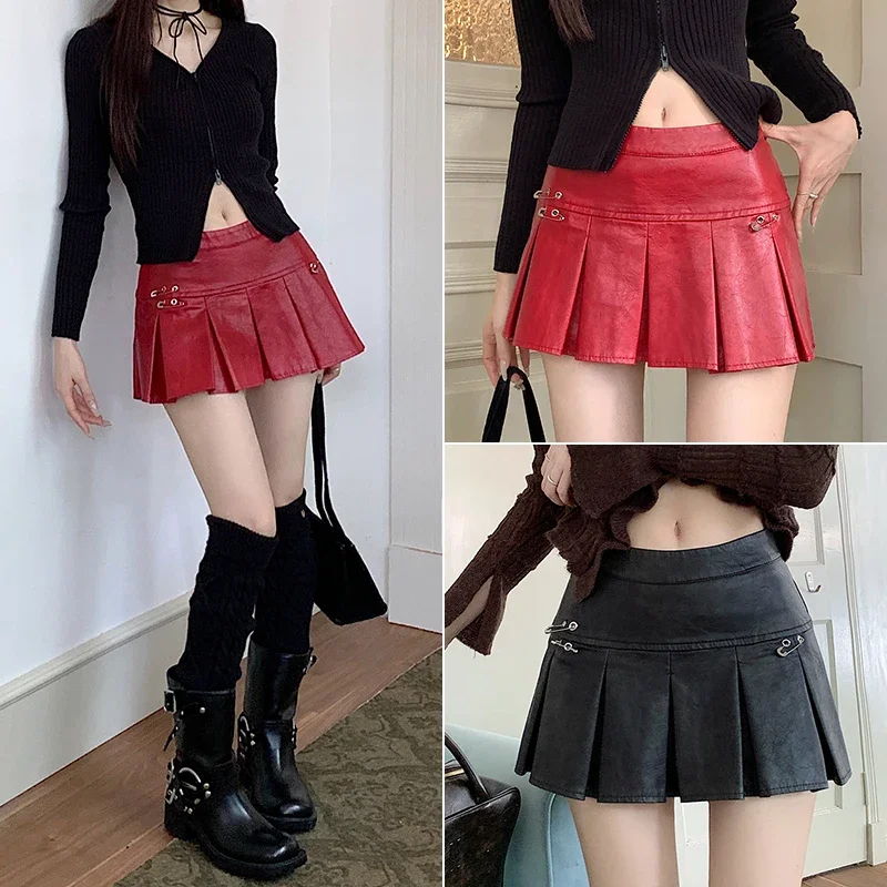 2024-Red-Leather-Skirt-Half-Body-Skirt-Autumn-Winter-High-Waist-A-line ...
