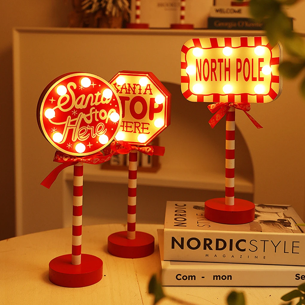 Christmas-Street-Sign-Light-With-Bowknot-Santa-Stop-Here-North-Pole ...