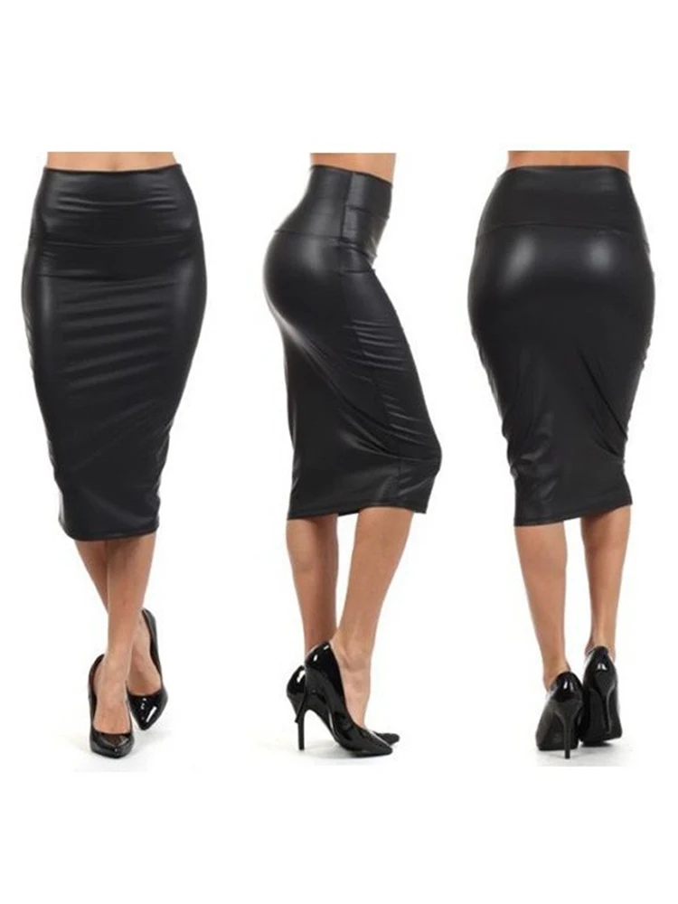 CUHAKCI Back Split Women Sexy Skirt Black Bodycon Clubwear Skirt High Waist PU Leather Skirt ...