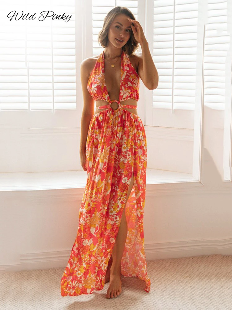 Wildpinky Sexy Sleeveless Summer Long Backless Dresses Women Hollow Out Halter Print Party Dress ...