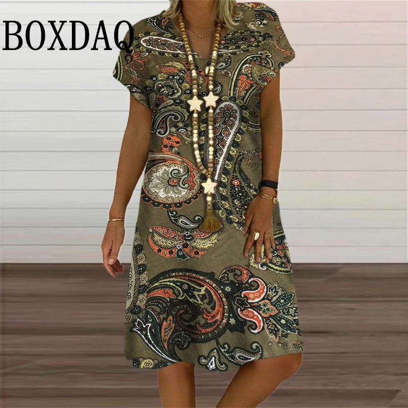 Women Ethnic Paisley Dresses Summer Retro Floral 3D Print Loose Midi ...