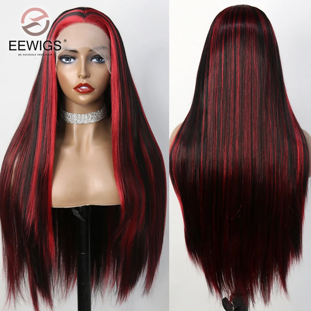 Synthetic-Black-Red-30-Inch-Long-Straight-Transparent-13x4-Lace-Front ...