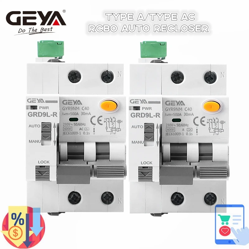 GEYA Type A RCBO Auto Recloser Leakage Circuit Breaker with Overcurrent Protection 40A 30mA RCD ...