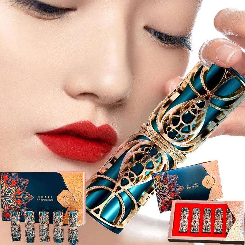 Carved Lipstick 5PCS Nude Velvet Silky Color Vintage Flower Lip Gloss ...