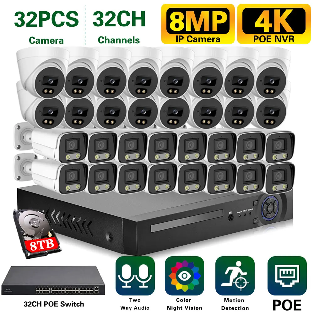 H.265 XMeye CCTV NVR System 32CH 4K Ai Colorful Night Outdoor POE IP ...
