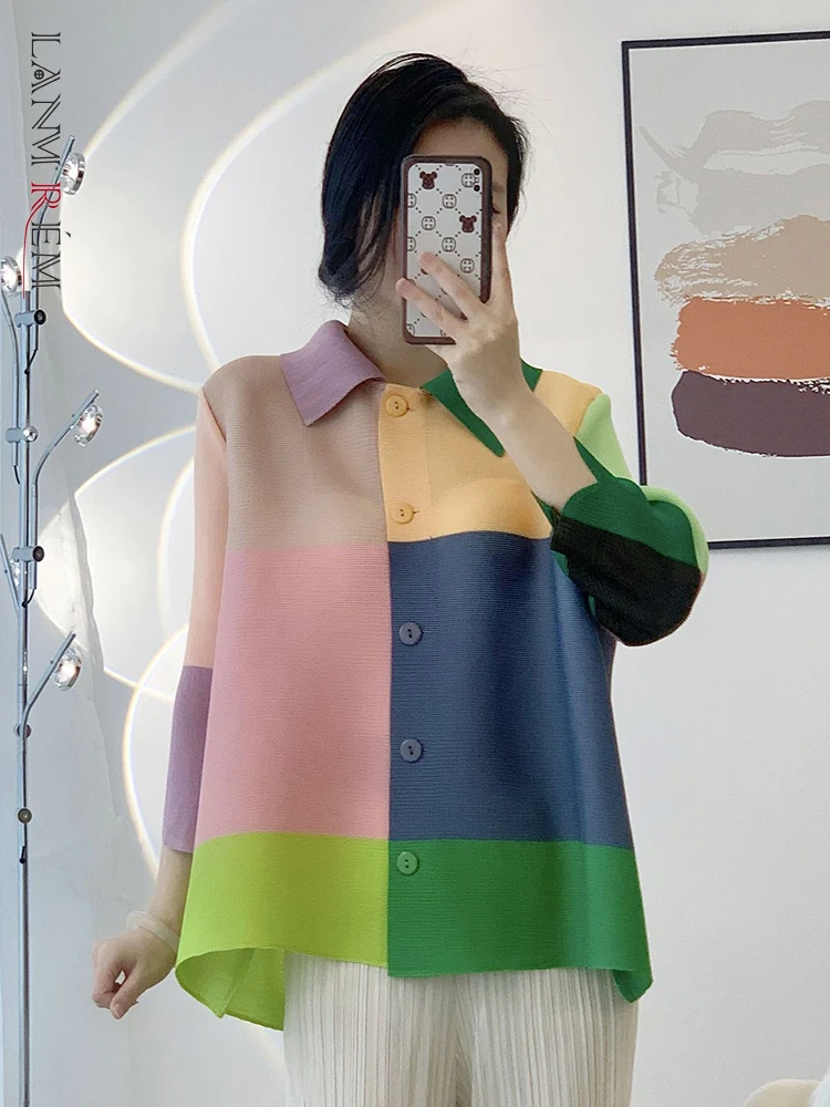 Lanmrem-Farb-block-plissiert-f-r-Frauen-Revers-einreihig-lange-rmel-l ...