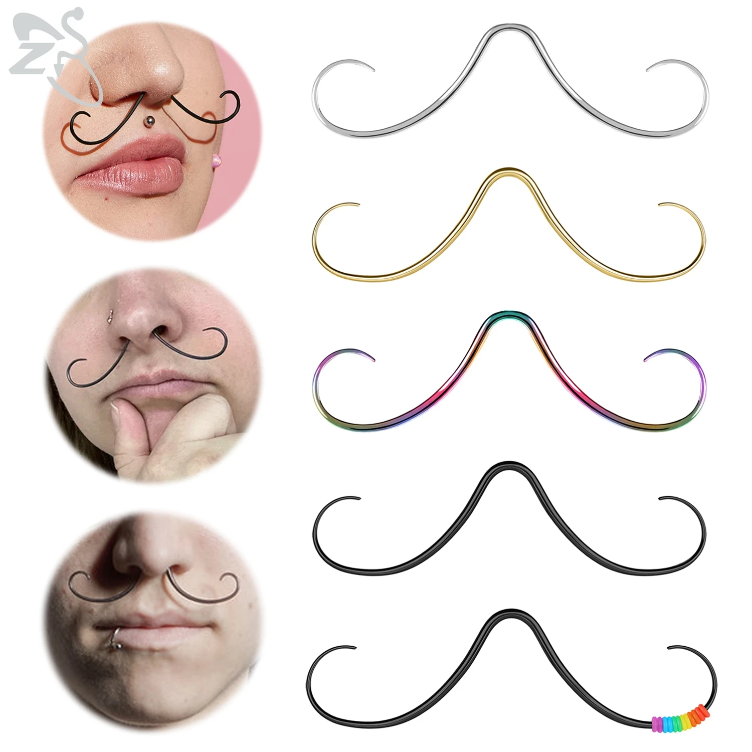 ZS-1-Piece-Mustache-Shape-Septum-Ring-14G-16G-Stainless-Steel-Goate ...