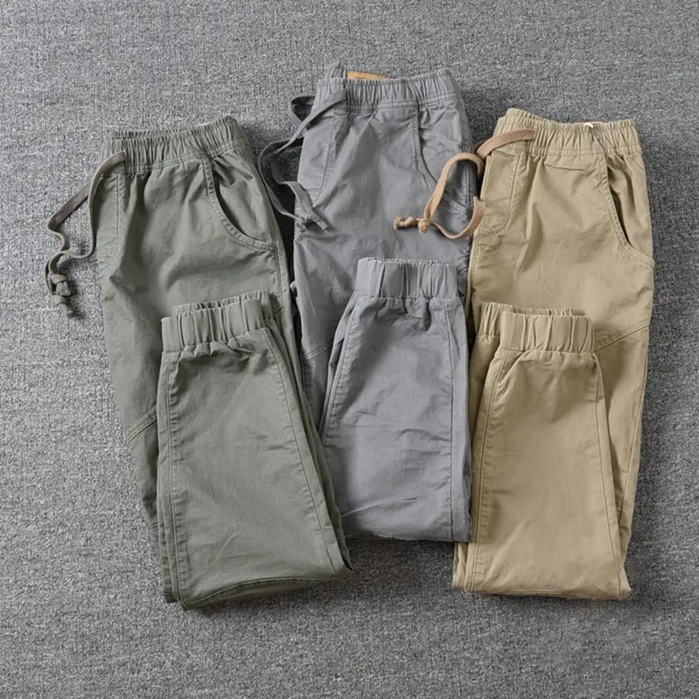 Simple-Men-Cargo-Pants-Streetwear-Slim-Cropped-Pants-Elastic-Waist-Male ...