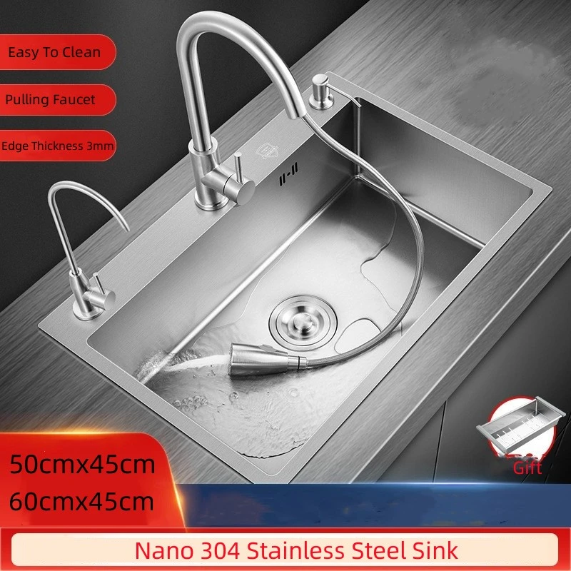 Silvery 304 Stainless Steel Kitchen Sink Single Slot 3mm Thick With Cup ...