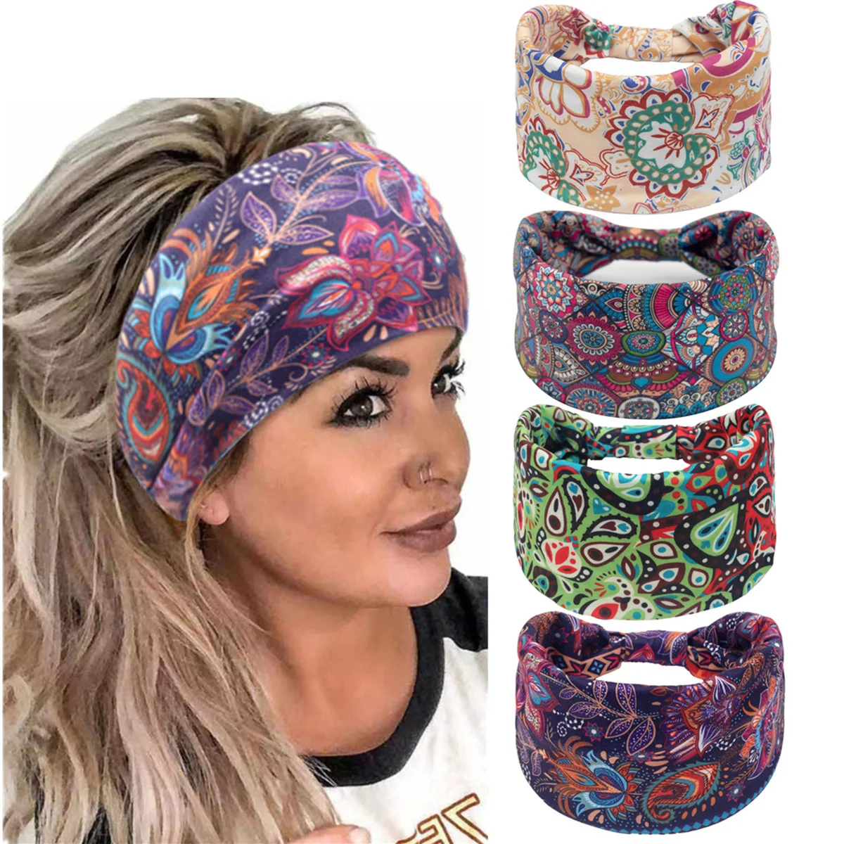 Boho-Flower-Print-Headbands-Women-Wide-Twist-Knotted-Head-Bands-Elastic ...