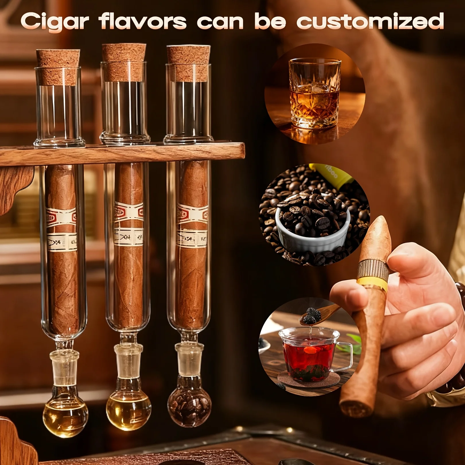 Glass Cigar Tubes Humidor Set, Cigar Flavor Infuser, Ball Base & Wooden ...