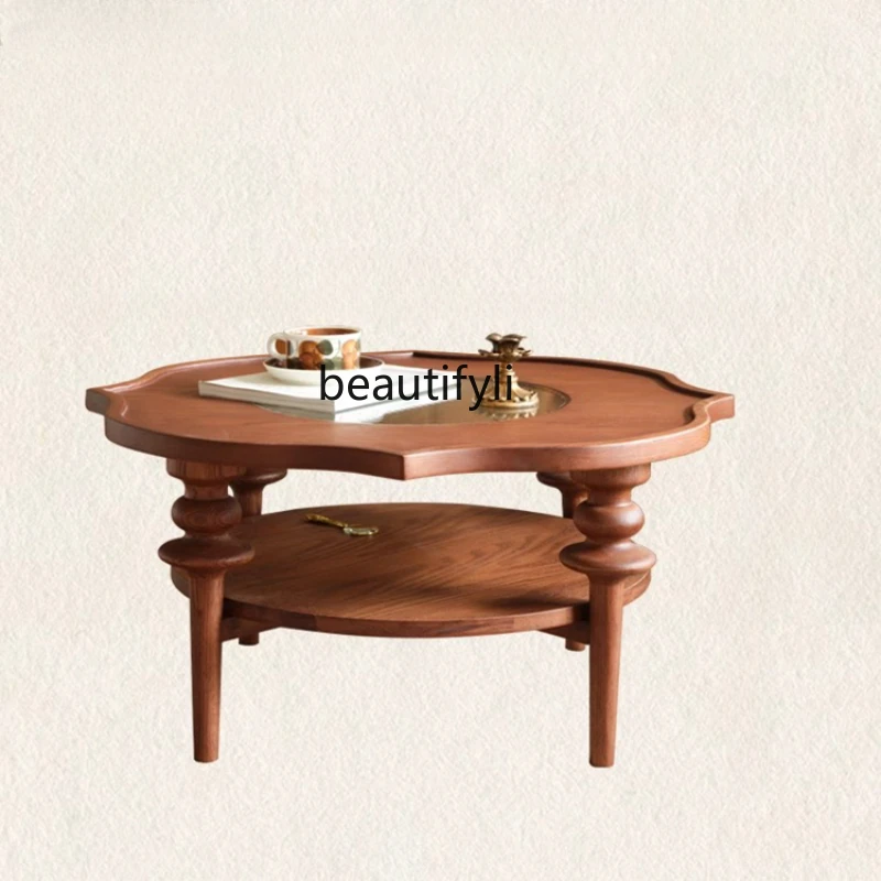 Retro-Mid-Ancient-Glass-Flower-Tea-Table-Walnut-White-Wax-Small ...