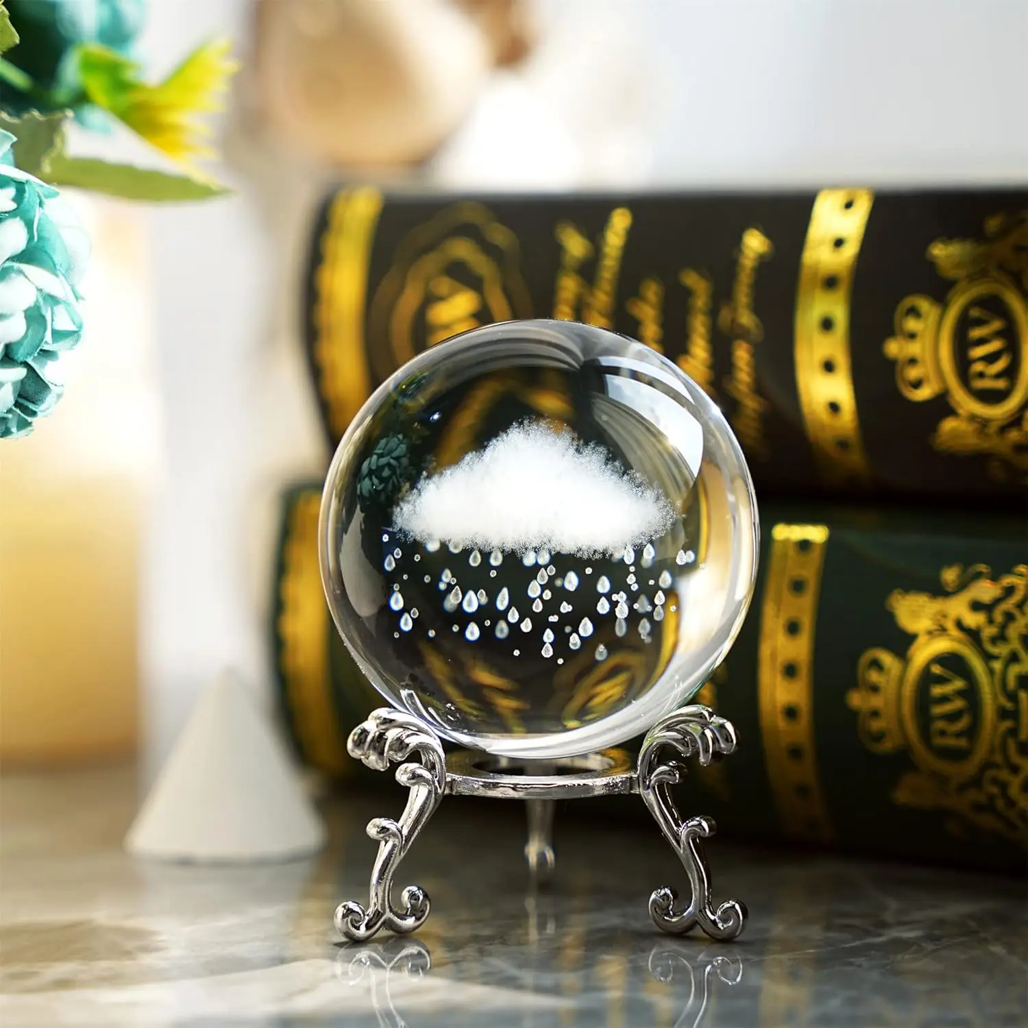 6cm 3D Rain Cloud Crystal Ball with Silver Metal Base Feng Shui ...