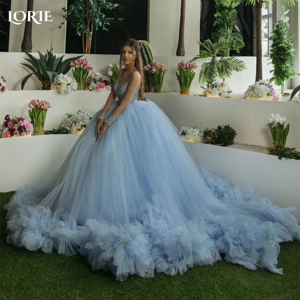 LORIE-C-u-Azul-Tule-Formal-Prom-Vestidos-Glitter-Mangas-Compridas-A ...