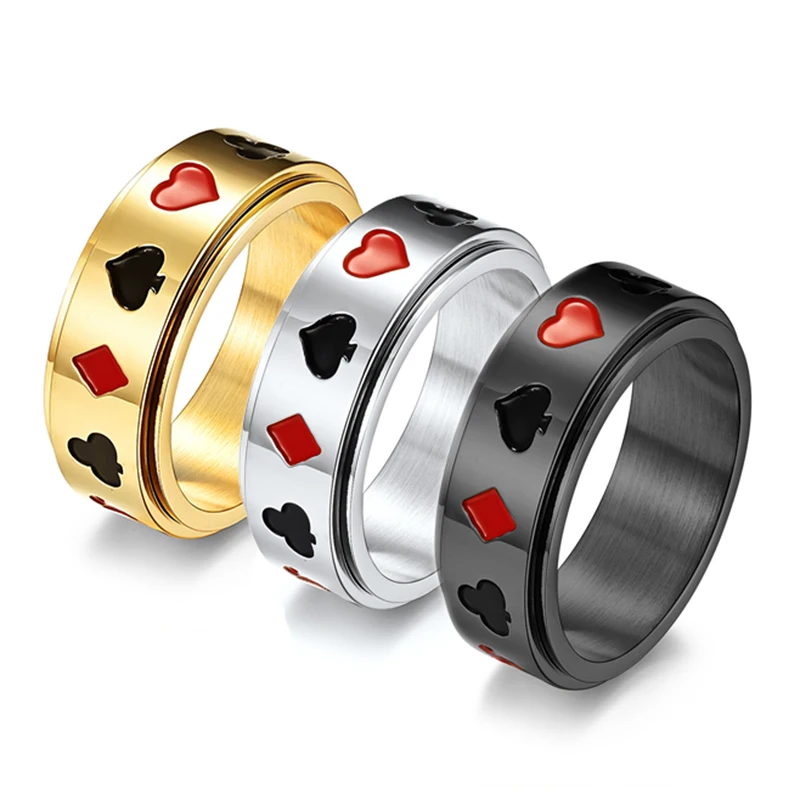 Stainless Steel Poker Ring For Men Black Silver Gold Color Punk Spinner ...