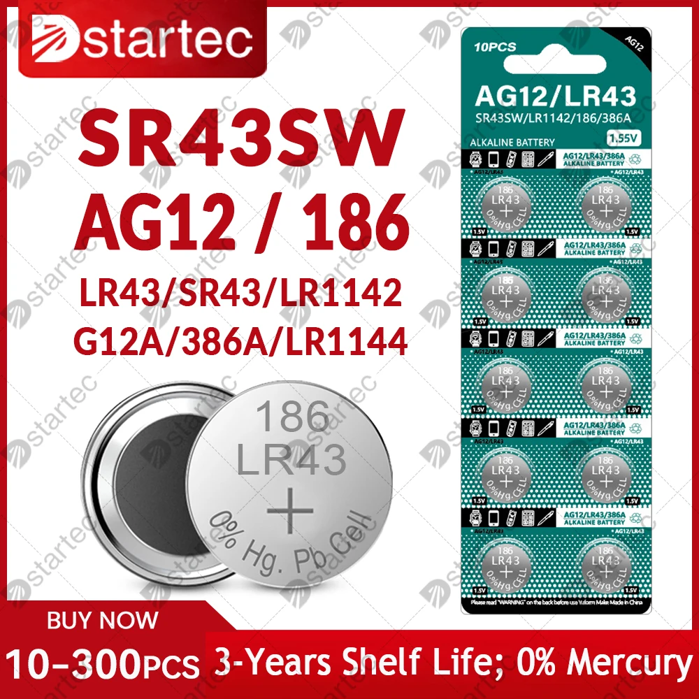 10-300PCS-LR43-AG12-Button-Batteries-SR43SW-186-386A-RW44-G12A-LR1142 ...