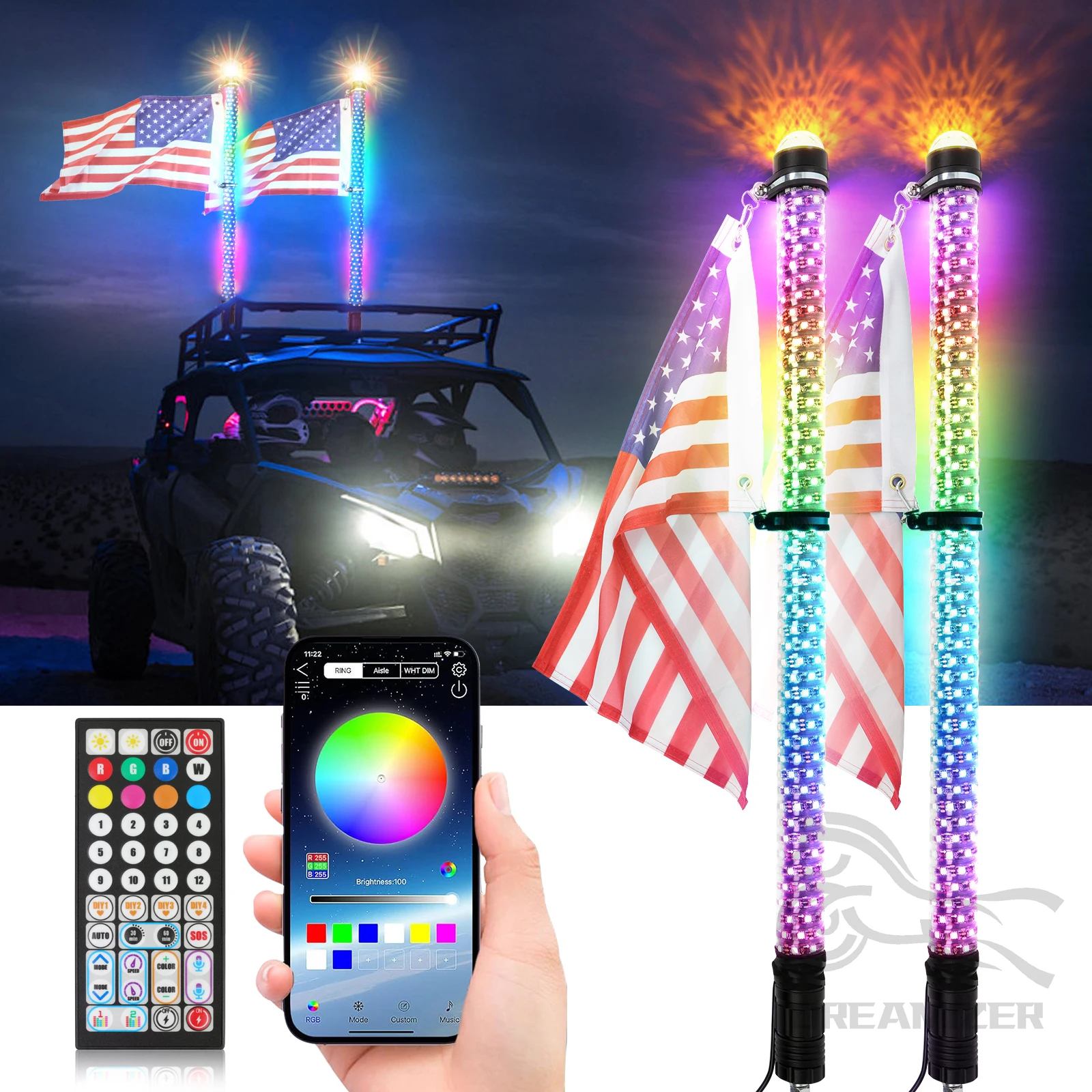 2PCS 3FT Fat LED Whip Lights Remote Control Flagpole Antenna Whips With ...