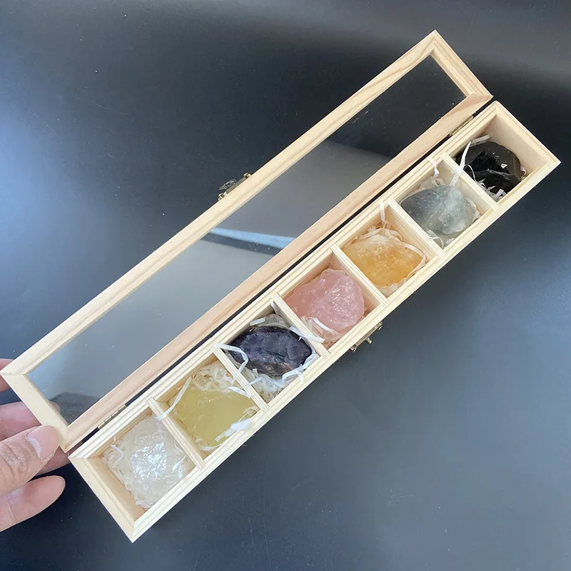 Natural Crystal 7 Chakras Rough Stone Wooden Box Set Energy Healing ...