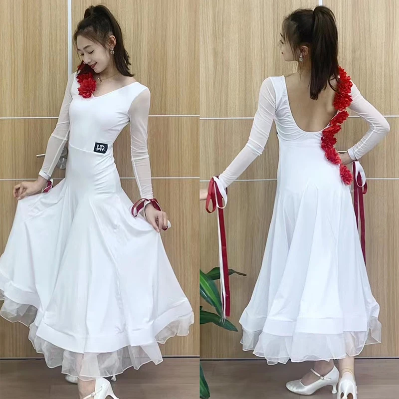White-Modern-Dance-Clothes-Women-Ballroom-Dress-Long-Sleeves-Prom ...