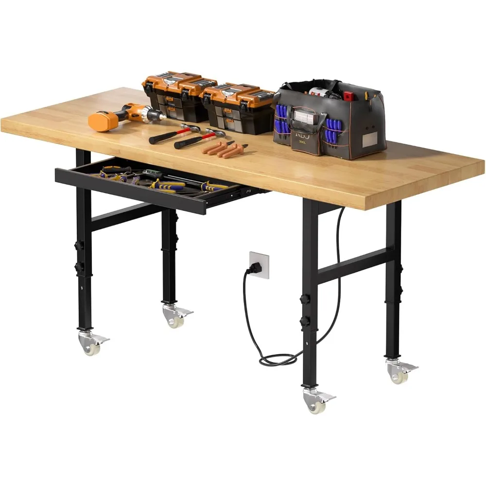 60" Heavy Duty Solid Wood Work Bench, Work Table with Drawers, Portable ...