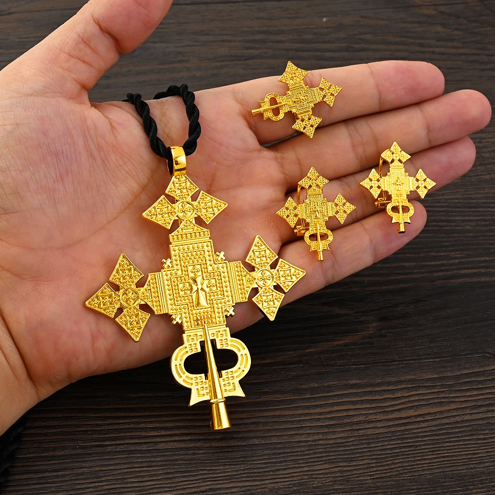 African-Cross-Necklace-Earrings-Ring-Jewelry-Sets-Gold-Color-Ethiopian ...