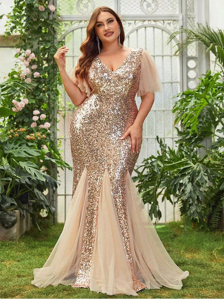 Plus-Size-V-neck-sleeveless-sequined-fishtail-mesh-evening-dress ...