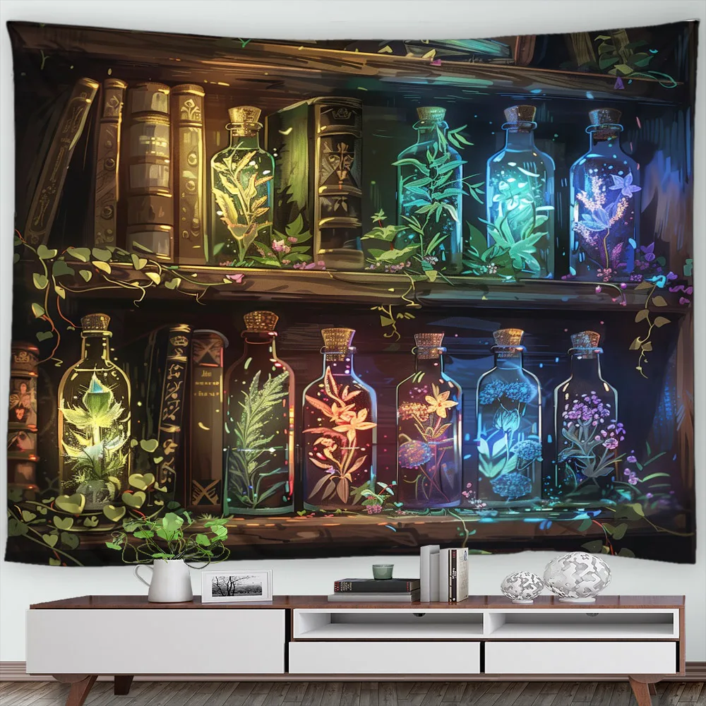 Wizard Magical Bookshelf Halloween Tapestry Wall Hanging Pharmacist ...